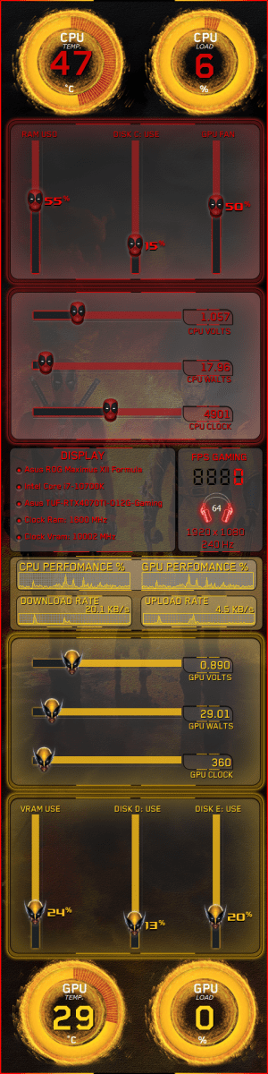 AIDA64 Skin Deadpool Wolverine HUD 480x1920 - AIDA Skins | AIDA Skins