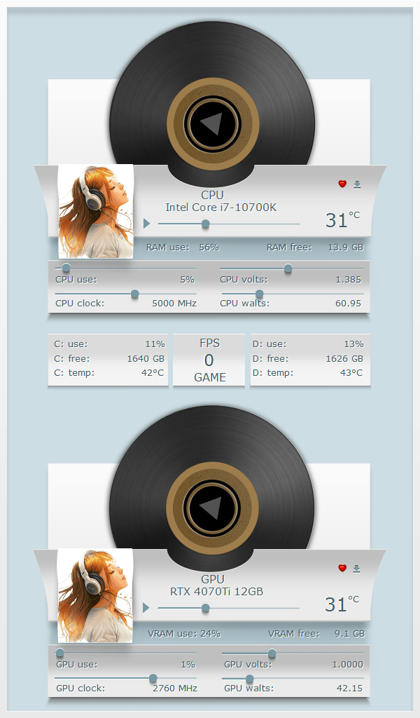 AIDA64 Skin Play Music HUD 600x1024 - AIDA Skins | AIDA Skins