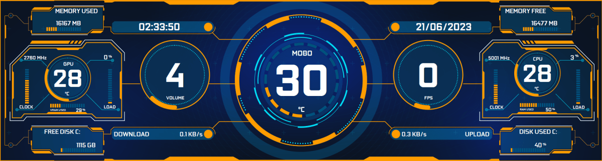 AIDA64 Skin Futuristic blue yellow HUD 1920x515 - AIDA Skins | AIDA Skins